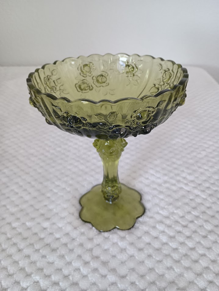Through the Generations | Fenton Cabbage Rose Green Glass Compote Dish